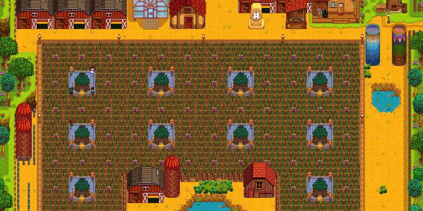 Trang trại hoa bia khổng lồ stardew với những túp lều nhỏ giữa chúng