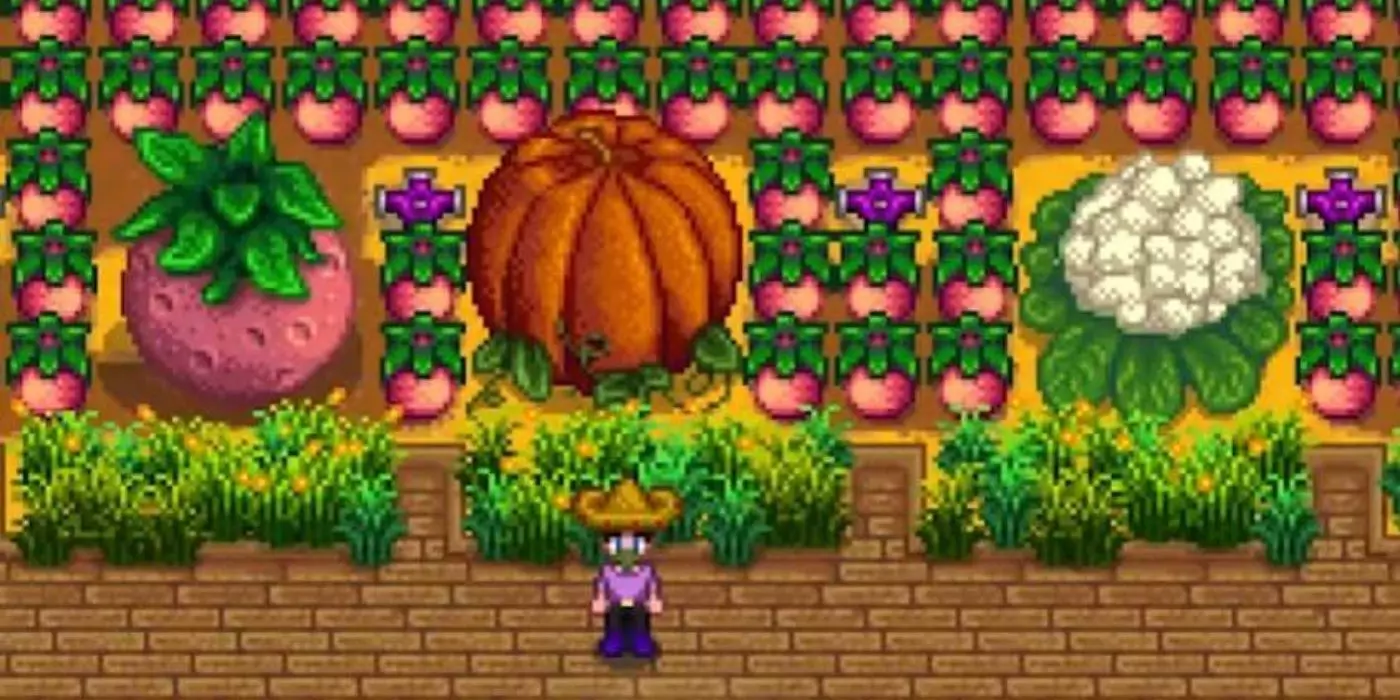 granxa de melón stardew con melón xigante, cabaza e coliflor