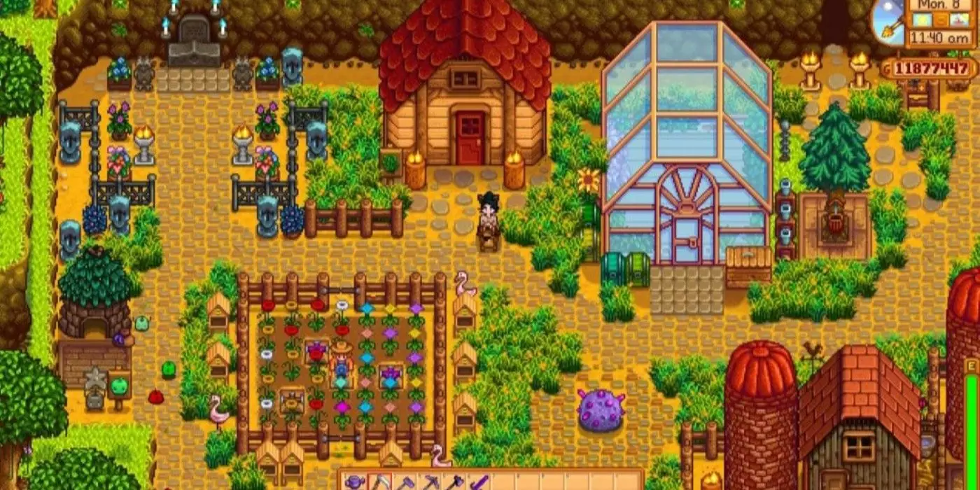 फूल पेन, घाँस, झोला र हरितगृह संग stardew उपत्यका फार्म