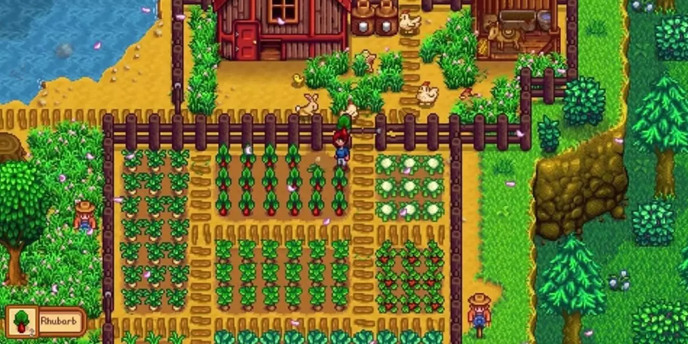 Stardew-tomatenboerderij met georganiseerde gewassen omheind van de schuur