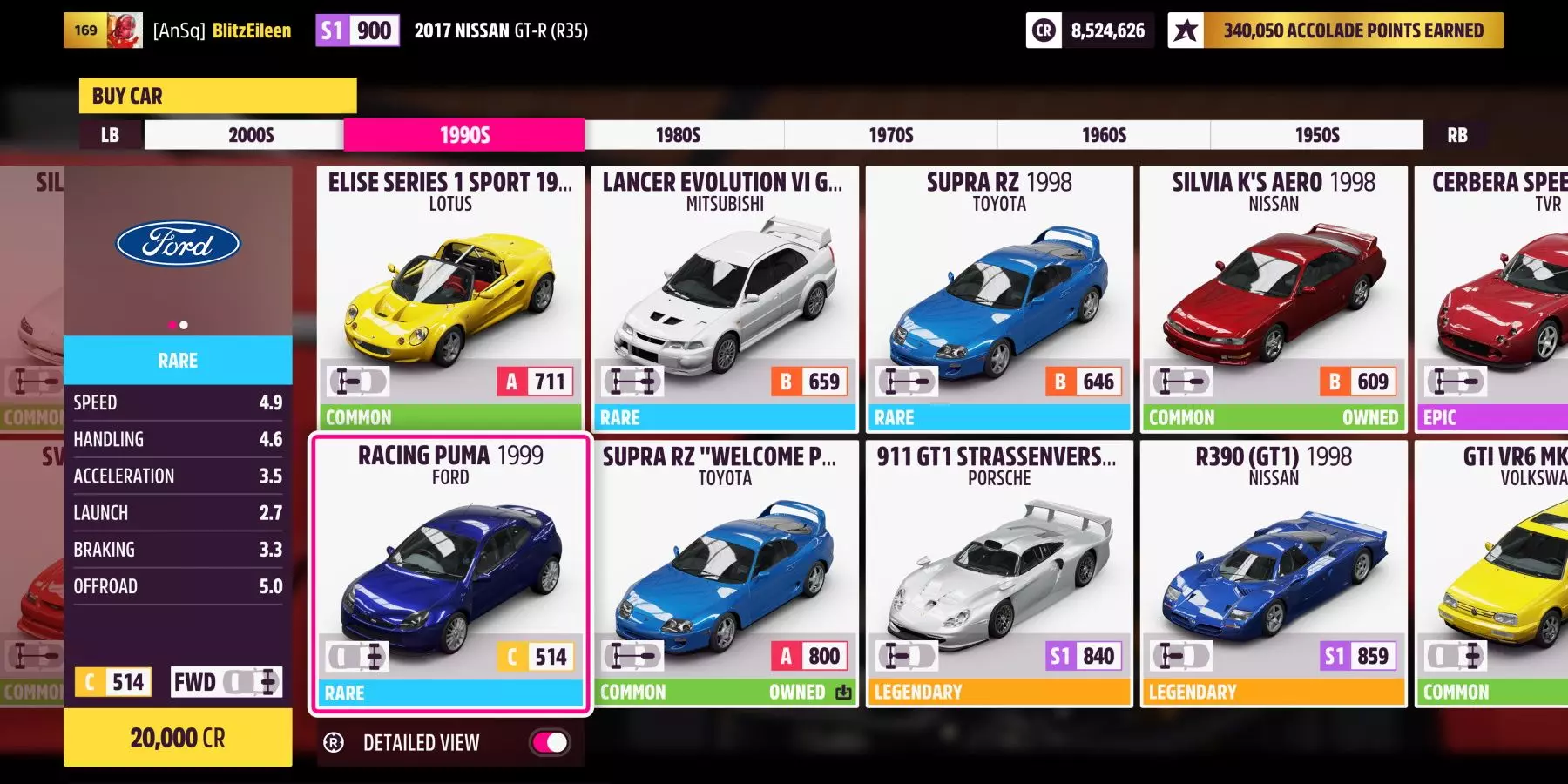 1999 Ford Racing Puma innkjøpsmeny i Forza Horizon 5