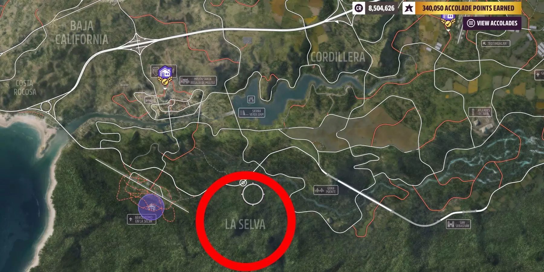 Emplacement de La Selva encerclé sur la carte dans Forza Horizon 5