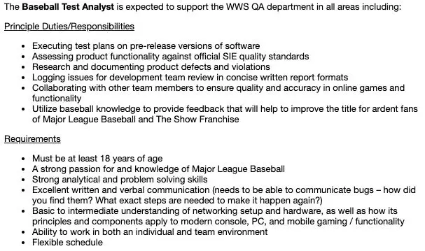 Baseball QA Tester Job Post