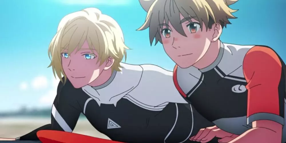 Dous personaxes masculinos de anime en táboas de surf