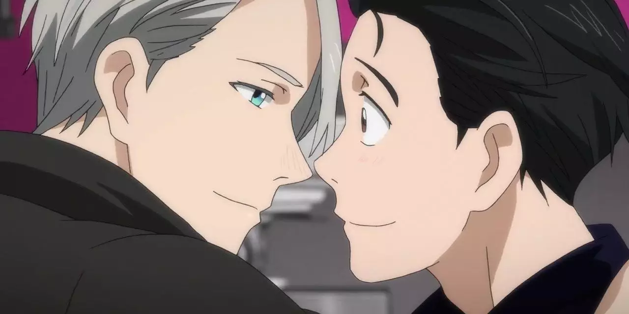 Yuri!!! Personagens de On Ice olhando um para o outro e corando