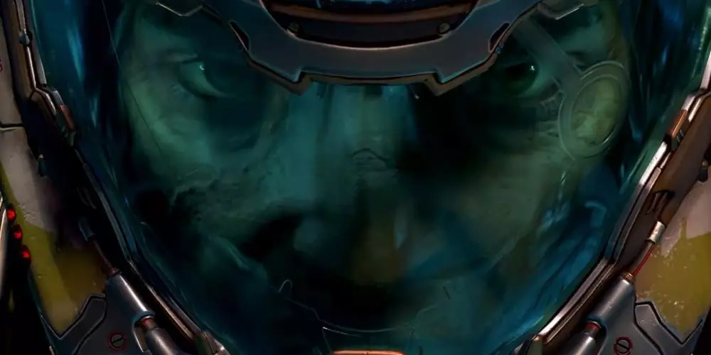 Doom Eternal Close Up Shot på Slayer Face Gennem hjelm