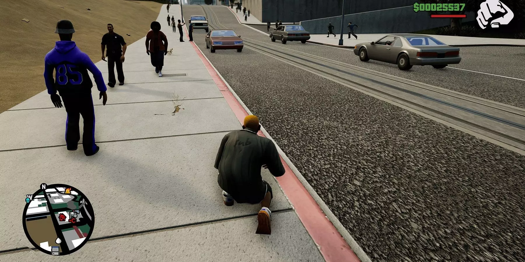 Tangkapan layar dari remaster Grand Theft Auto Trilogy yang menunjukkan tekstur jalan dan perkerasan 4K yang baru dan lebih baik.