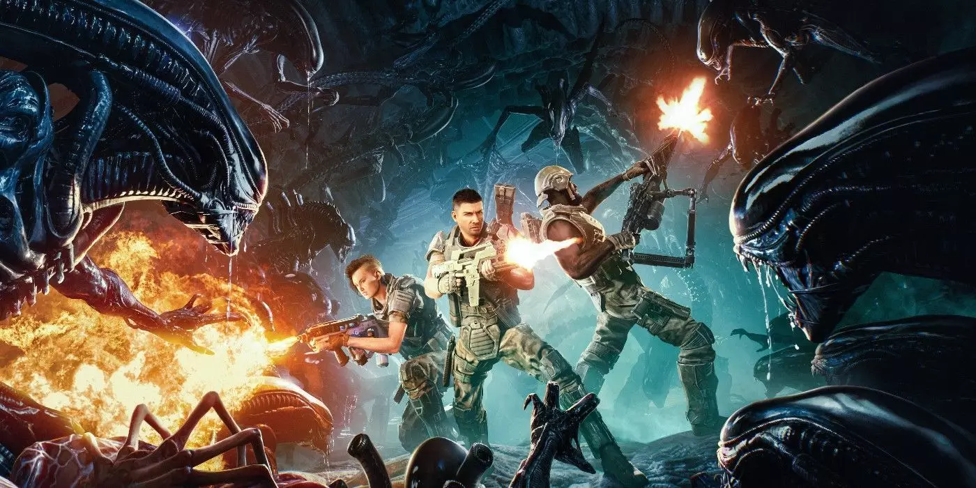 Il·lustració d'Alien: equips de bombers que mostren marines disparant a una horda de xenomorfs que avançaven.