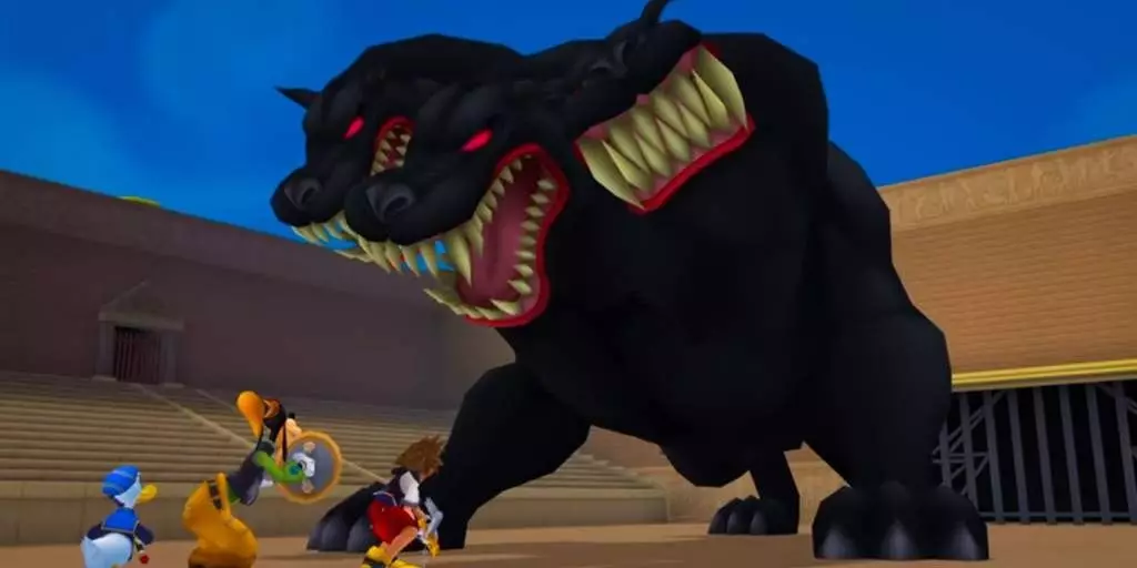 Sora, Donald en Goofy fjochtsje tsjin Cerberus