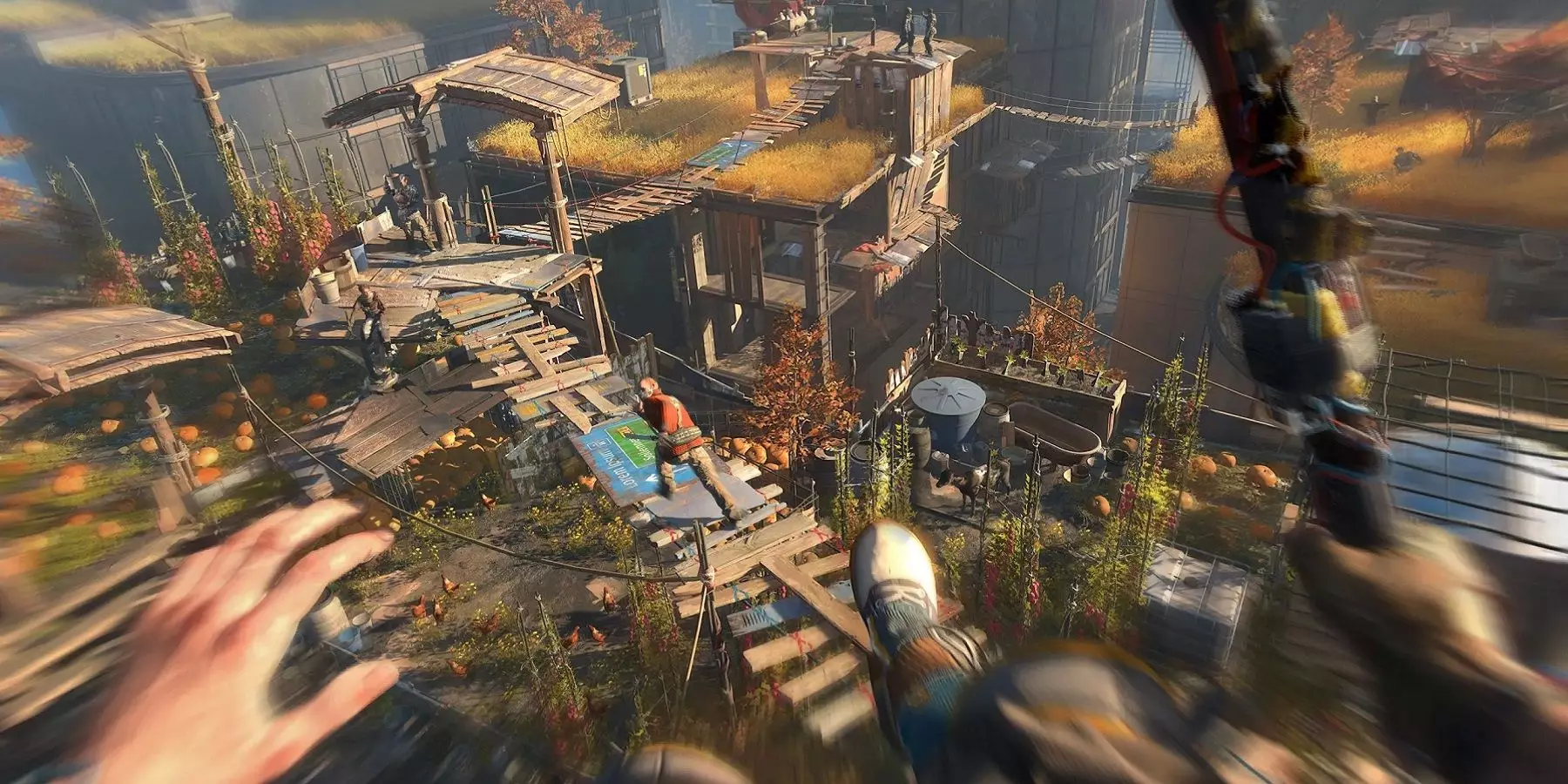 Screenshot los ntawm Dying Light 2: Nyob twj ywm tib neeg qhia tus protagonist dhia los ntawm qhov siab zoo.