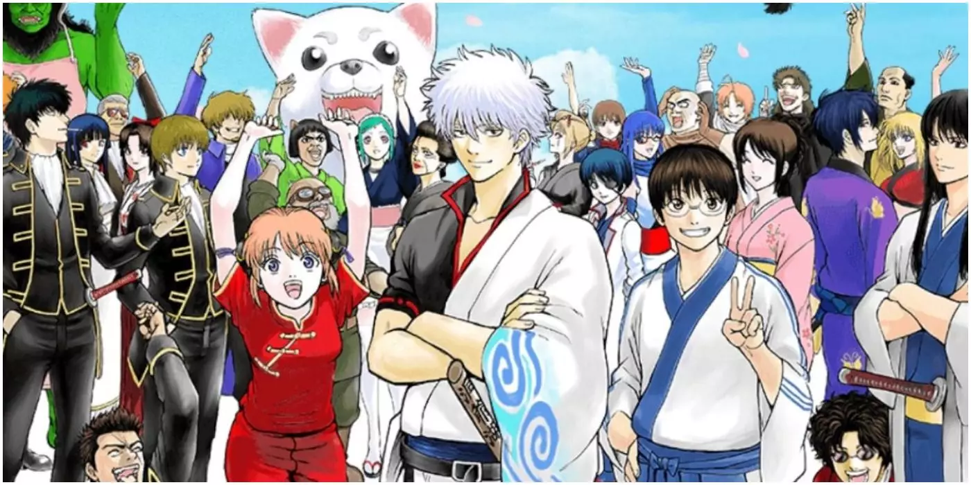 Gintama kép, amely a hatalmas mennyiségű karaktert mutatja be