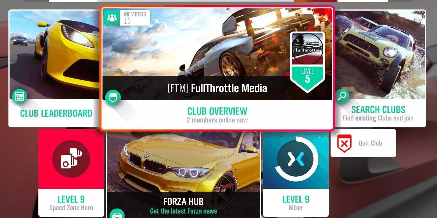 Bwydlen Forza Horizon 4 Clubs