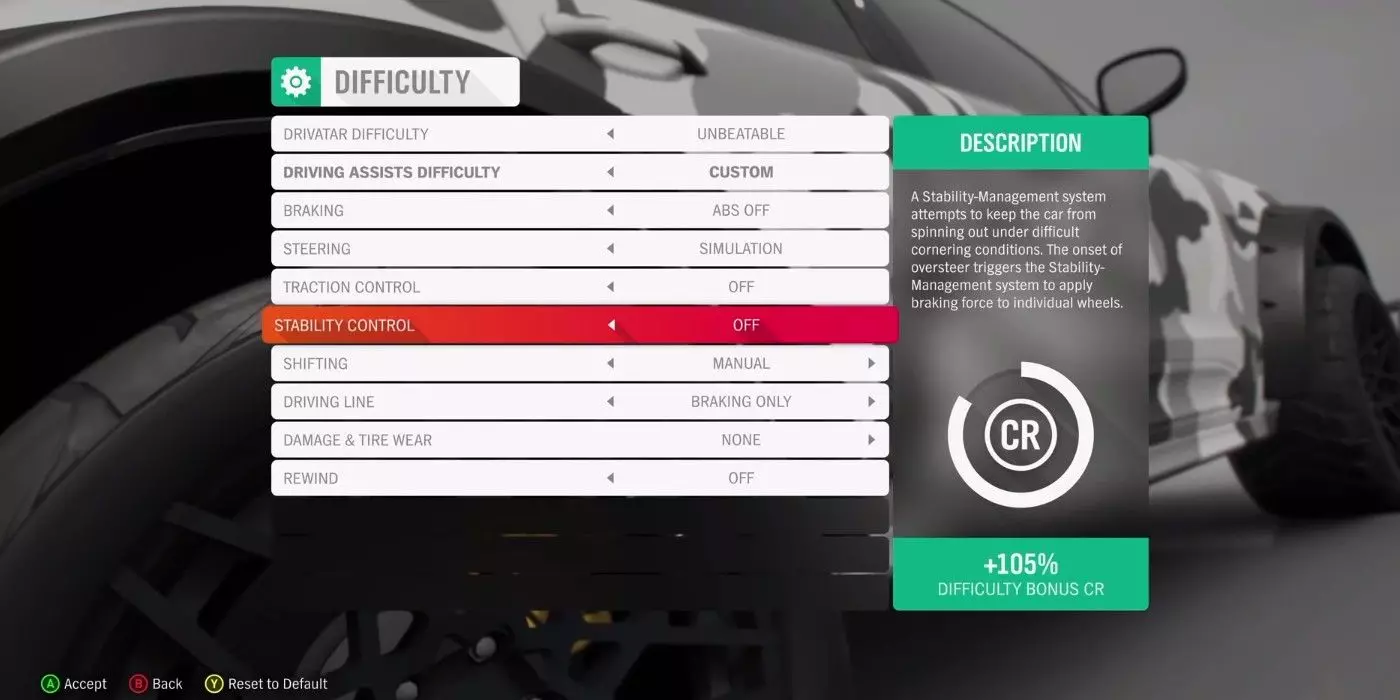 Menú de dificultade de Forza Horizon 4