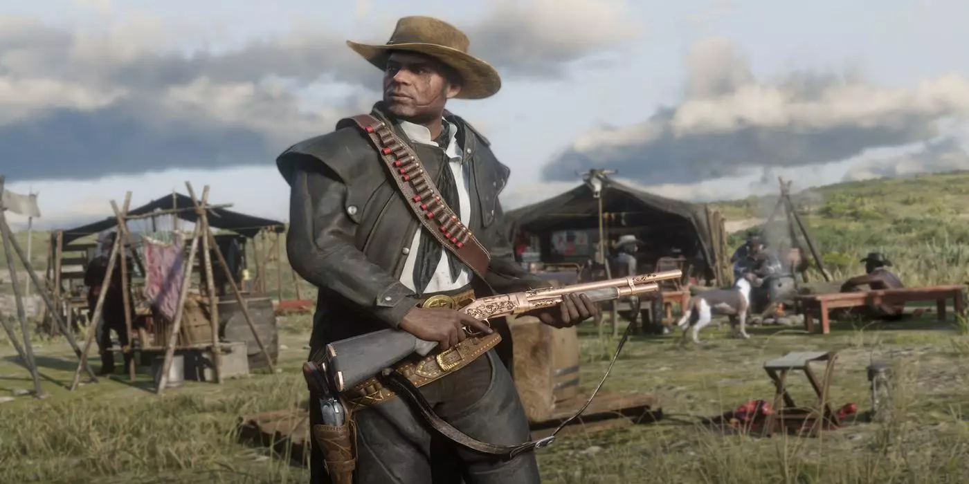 Xogador en liña de Red Dead con rifle no cámping