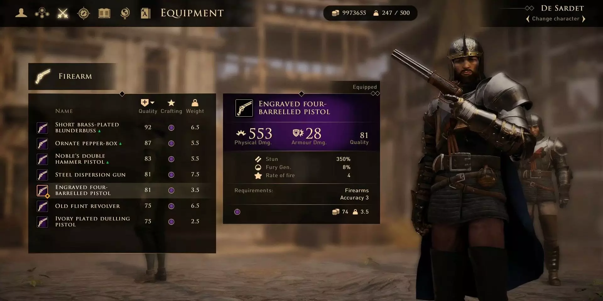 Pistolet à quatre canons gravé dans Greedfall