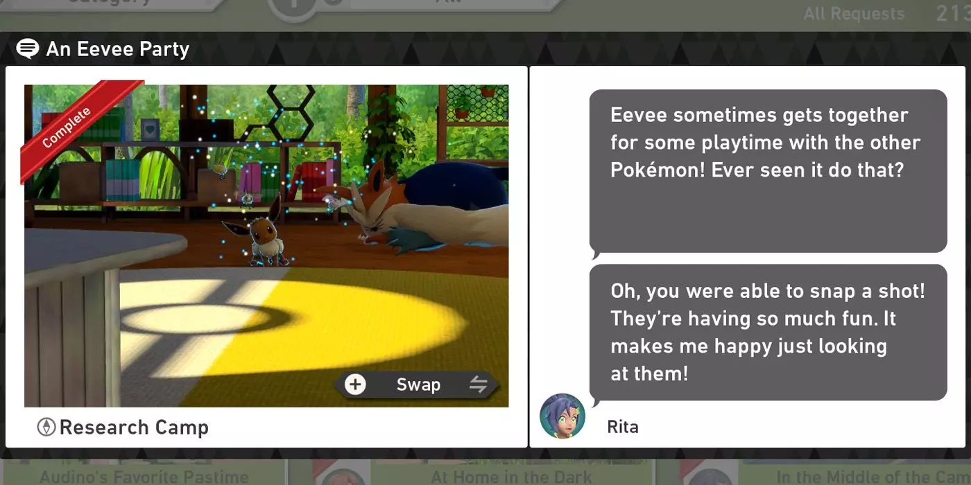 An Eevee Party eskaera Research Camp ikastaroan New Pokemon Snap-en