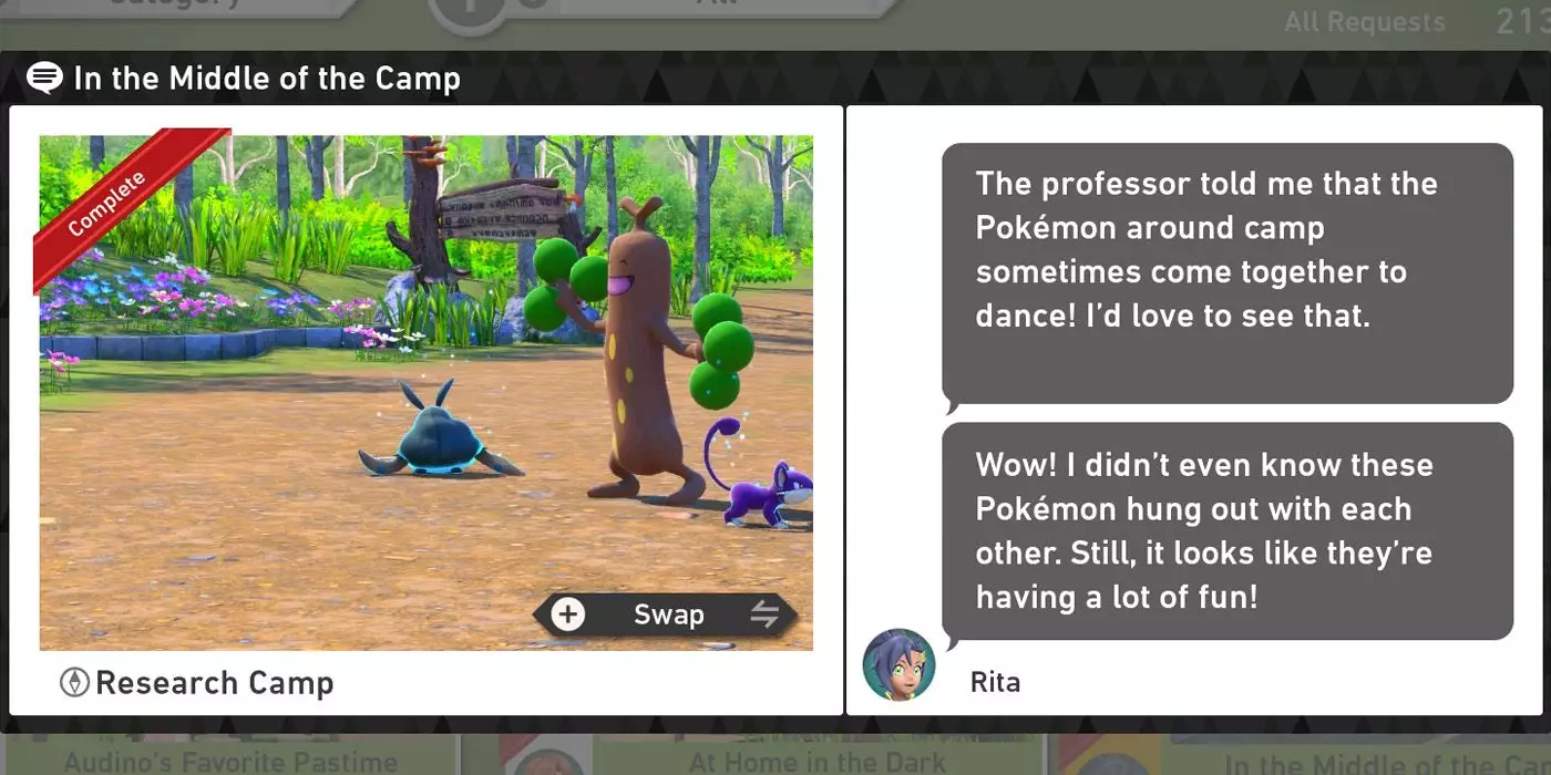 Prośba In the Middle of the Camp na kursie Research Camp w New Pokemon Snap