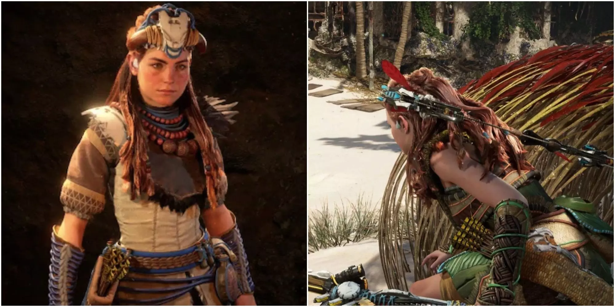 Horizon Forbidden West-collage van Aloy Nora Sentinel zeldzame outfit en haar jacht