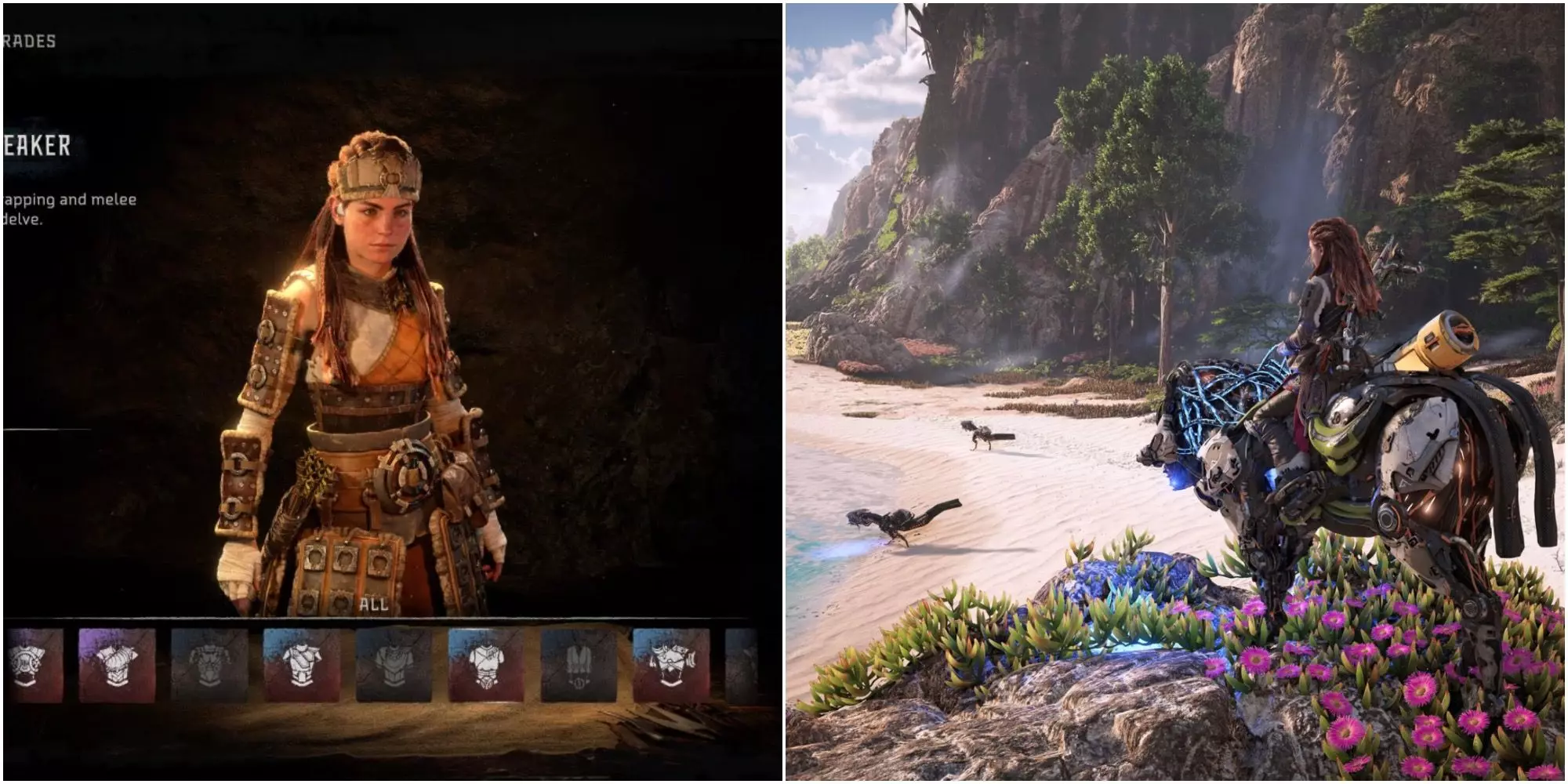 Horizon Forbidden West Collage of Oseram Arrow Breaker Outfit Adn Aloy on Mount