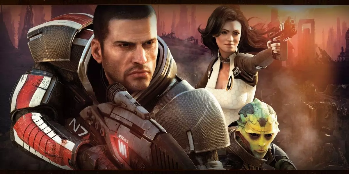 គម្របសម្រាប់ Mass Effect 2 ដែលមានមេបញ្ជាការ Shepard, Miranda Lawson និង Thane Krios