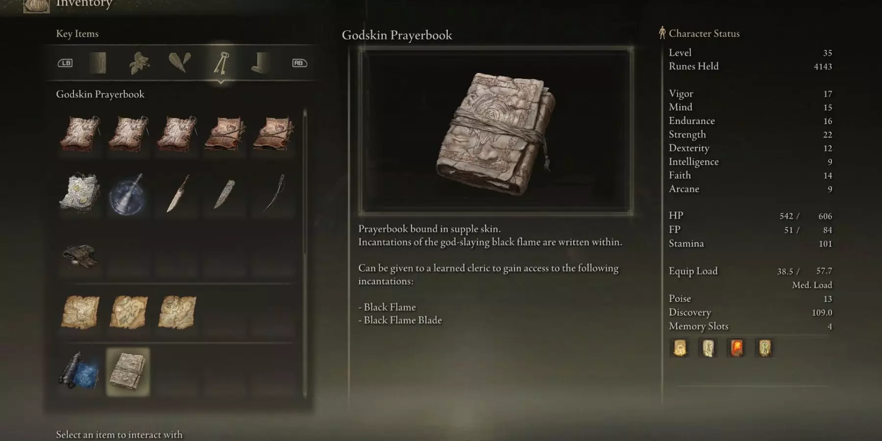 Obrazovka průvodce modlitební knihou Elden Ring Godskin Inventory