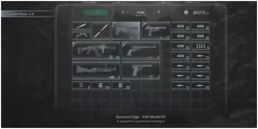 Resident Evil Village Samurai Edge na pantalla de inventario