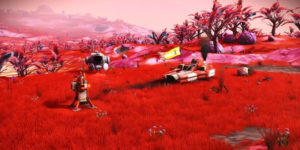 Hrunið stjörnuskip nálægt Save Beacon in No Man's Sky.