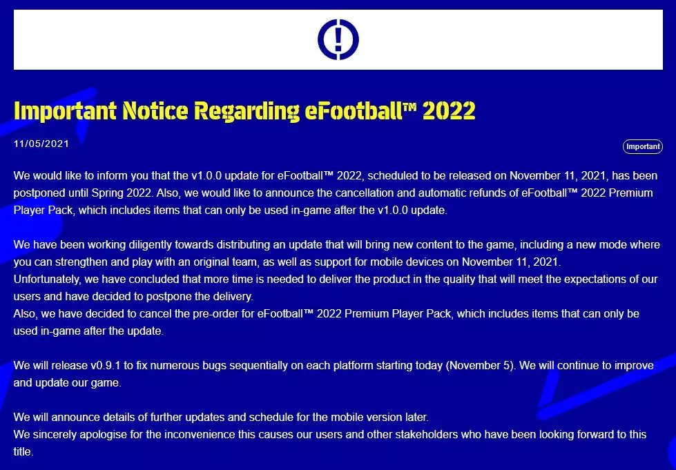 Declarație konami privind întârzierea efootball 1.0