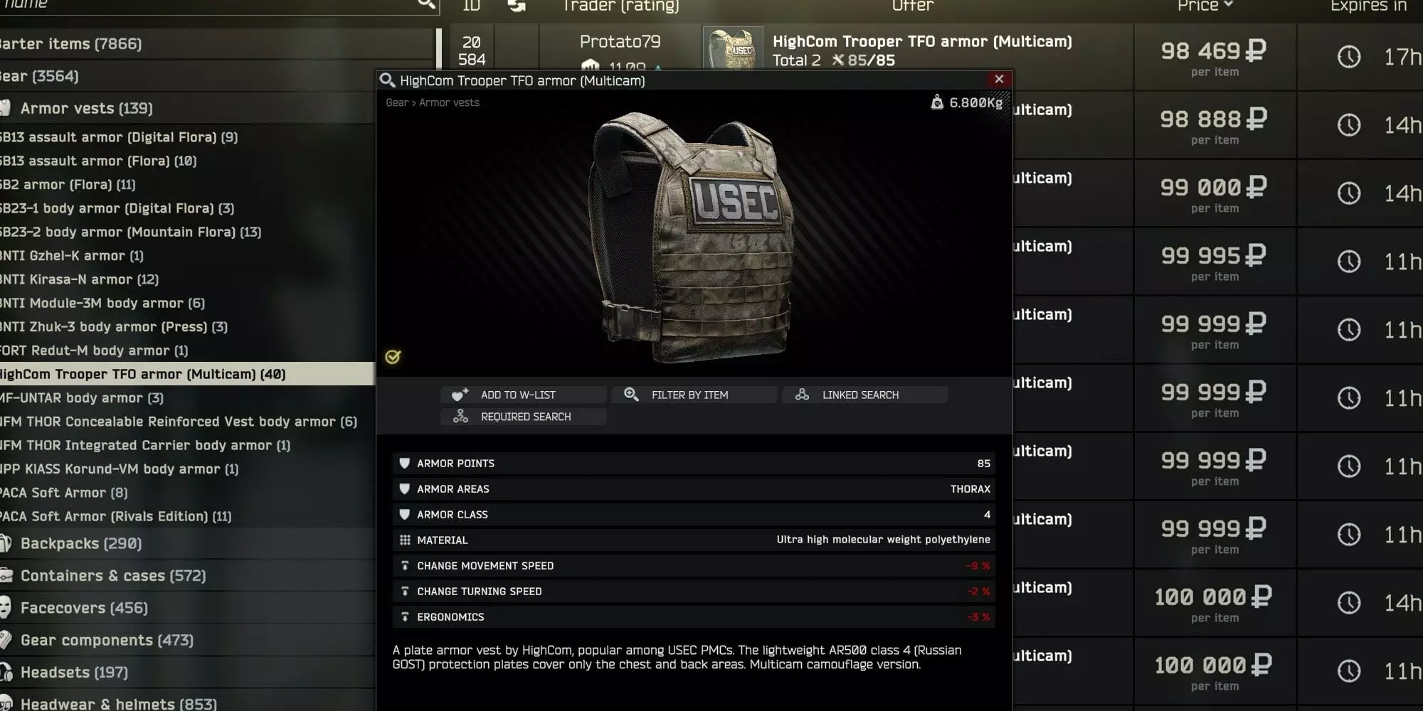 Highcom Trooper Armor Escape Daga Tarkov Flea Market menu