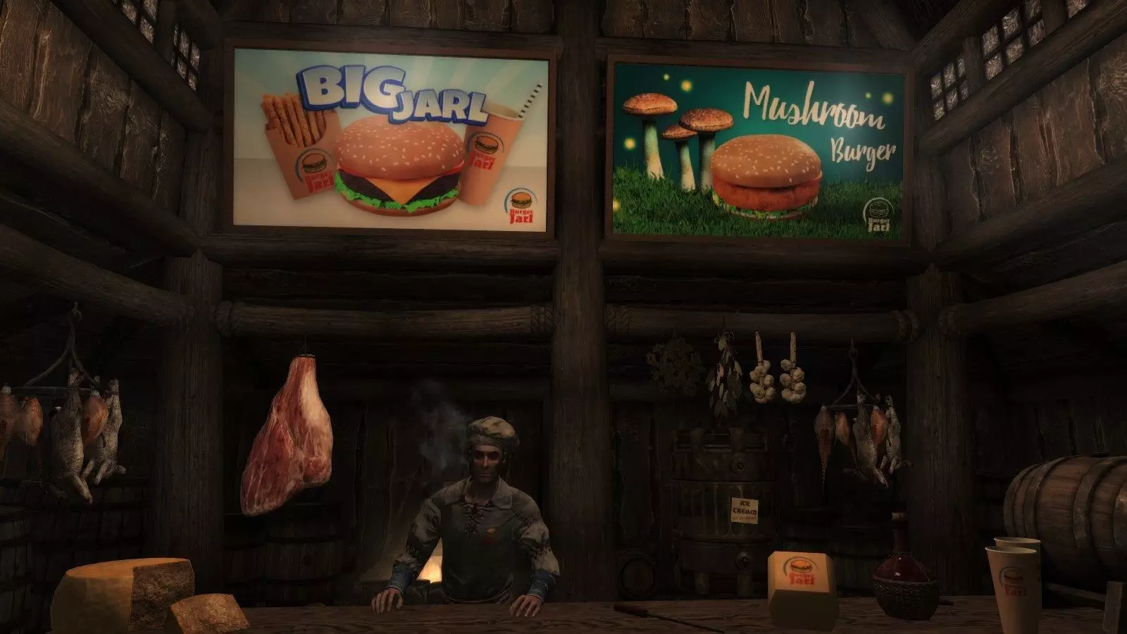 ຮູບພາບຈາກ mod Burger Jarl ສະແດງໃຫ້ເຫັນວ່າ tavern ໄດ້ຖືກປ່ຽນເປັນອາຫານໄວຮ່ວມກັນ.