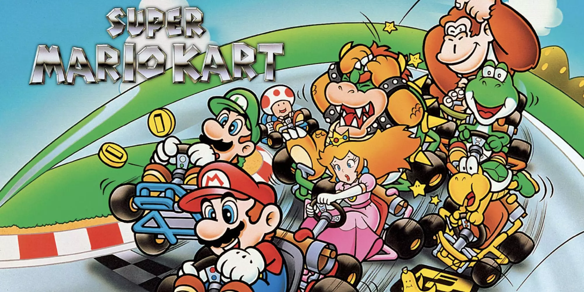 Art promotionnel mettant en vedette des personnages de Super Mario Kart