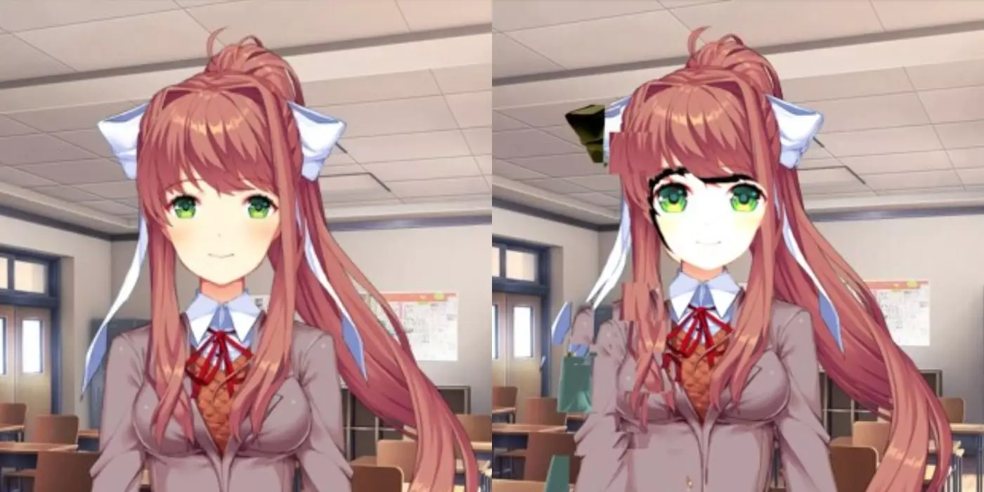 Monika Smiling and Glitching from Doki Doki Literature Club