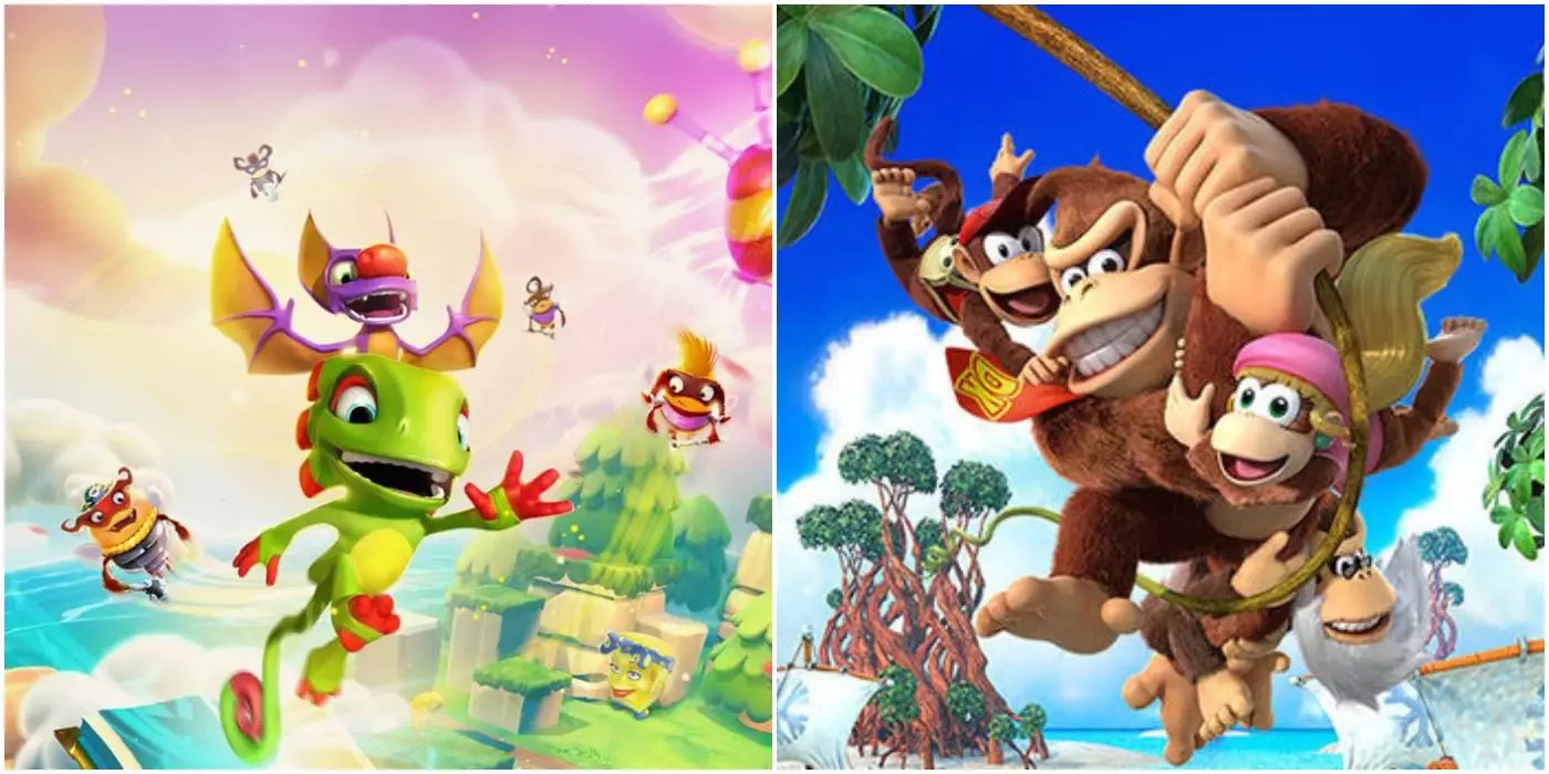 (Links) Yooka en Laylee in die lug (Regs) Donkey Kong en ander wat aan 'n tou swaai